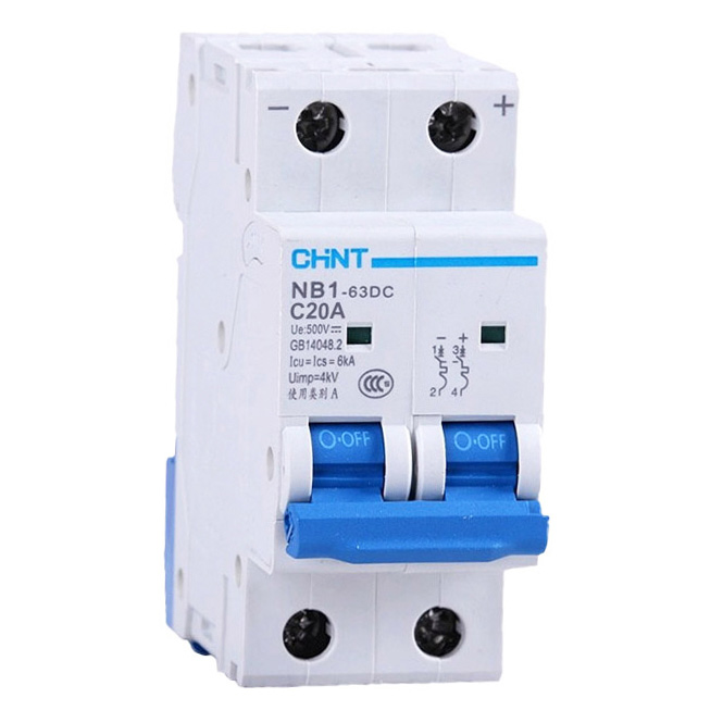 CB tép CHINT NB1-63DC 2P C20A DC500V 6kA - baa.vn